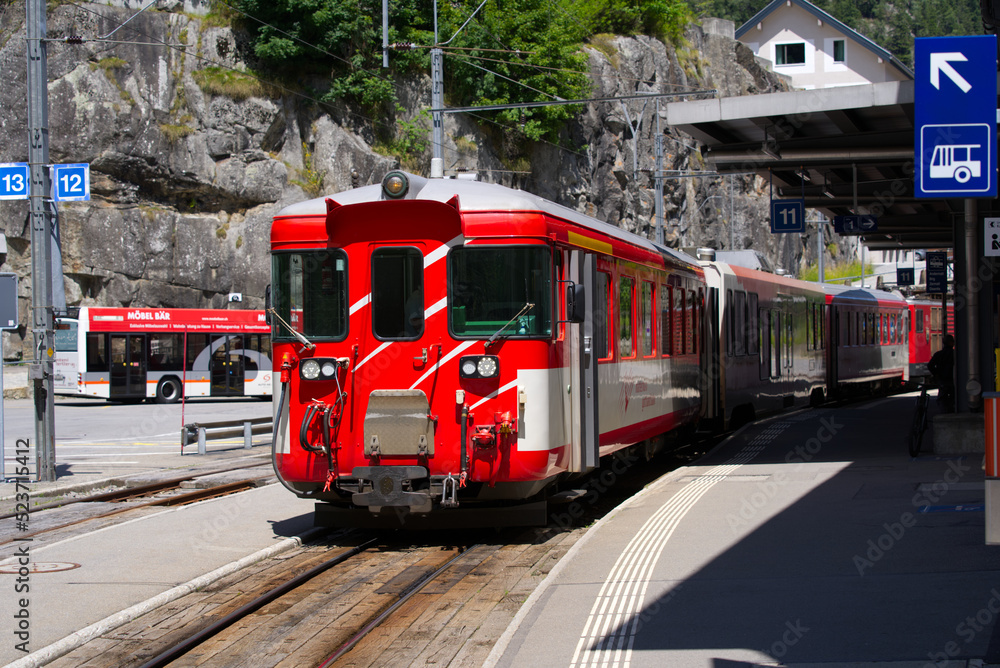 Train of Matterhorn Gotthard railway at train station of mountain ...