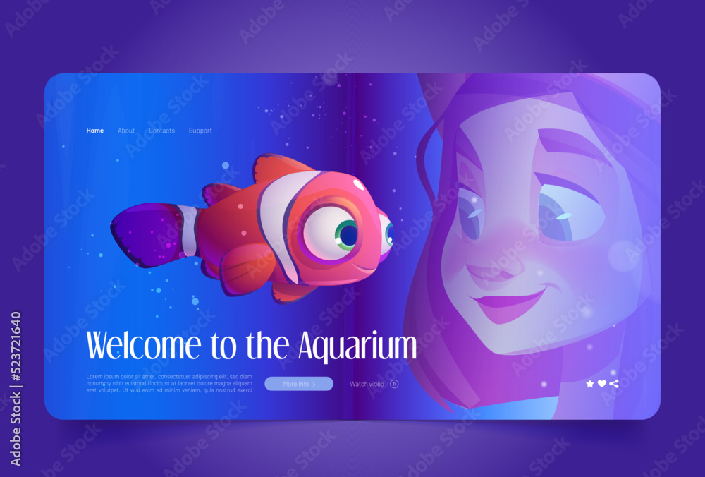 Welcome to aquarium cartoon landing page. Young girl look on clown fish ...
