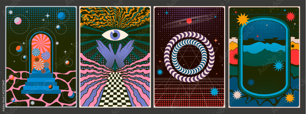 1980s Abstract Design Posters Set. Psychedelic Retro Colors Abstraction ...