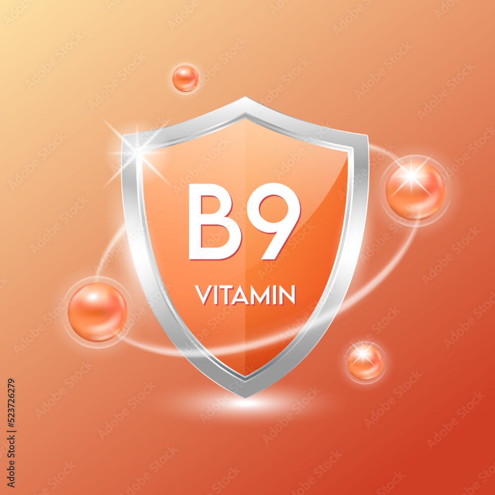Vitamin B9 shield with orange atom. Protect the body stay healthy. For ...