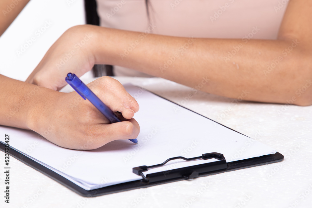 Disabled person hand without fingers since childhood brith, using pen ...