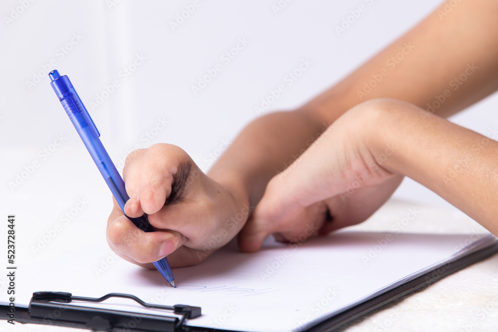 Disabled person hand without fingers since childhood brith, using pen ...