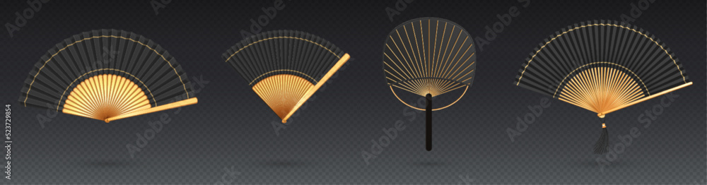 Chinese and japanese hand fans. Black and gold silk accessory ...