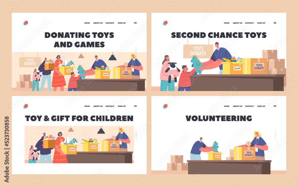 Donate Toys Landing Page Template Set. Family with Kids Bringing Toys ...