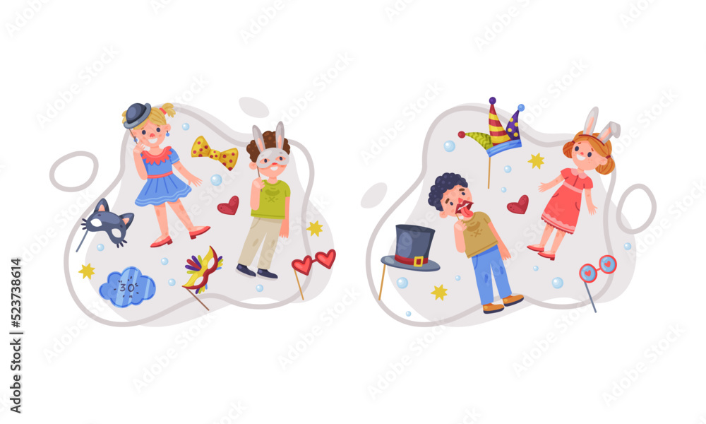 Happy kids with funny carnival masks set. Joyful boy and girl ...