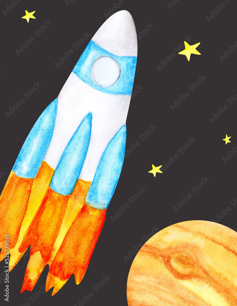 Watercolor space illustration on a black background. Planet of the ...