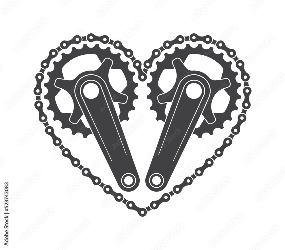 Vector black logo. Symbol heart with bicycle crank and chain. Tattoo ...