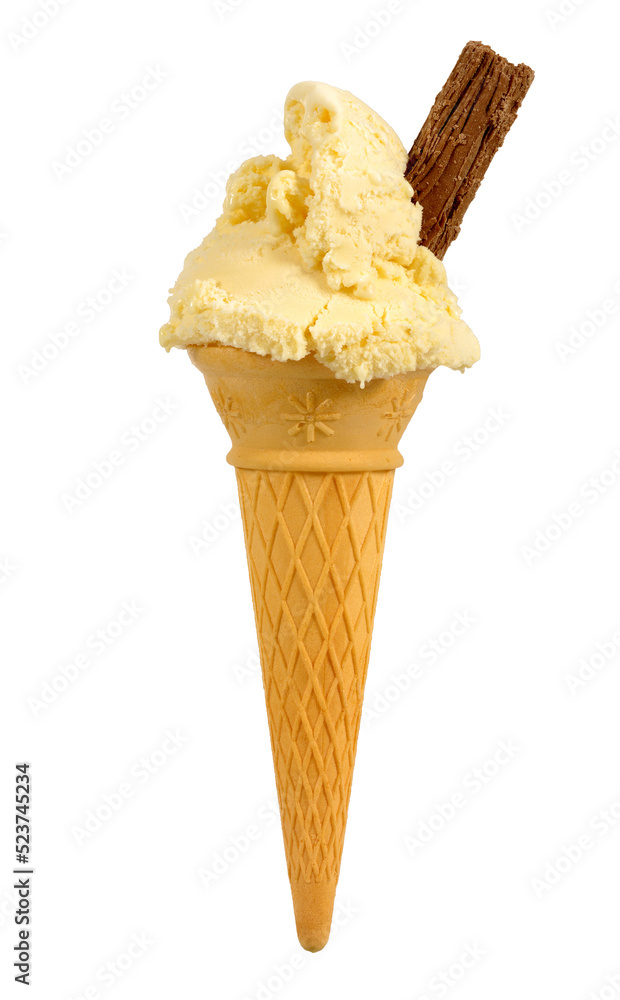 Vanilla ice cream cone cornet with chocolate stick isolated transparent ...