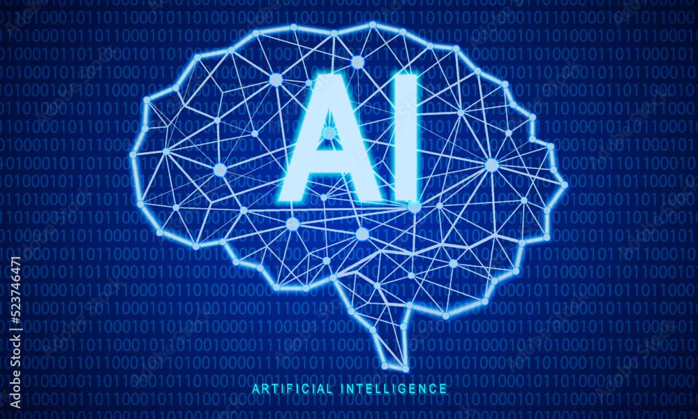 Vecteur Stock Neon lines on binary code and world map background. Polygon brain. Artificial ...