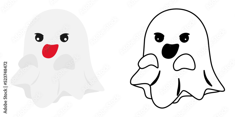 Cartoon cute little ghost flying with tongue out expression. Halloween ...