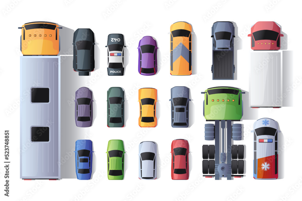 Cars view from above. Various city traffic collection, trucks bus ... Cars view from above. Various city traffic collection, trucks bus ...