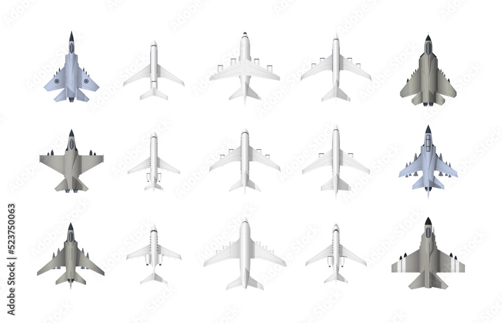 Plakat Civil and military aircraft top view. Cartoon jet fighters and ...