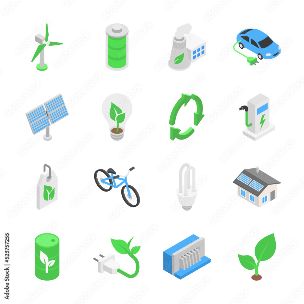 Green Energy isometric icons set. Production of clean environmental ...