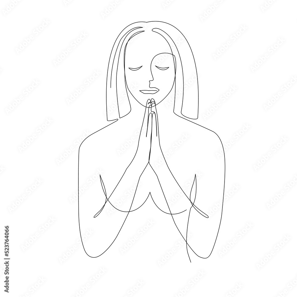 Praiyng woman. Continuous line drawing of prayer with broken heart ...