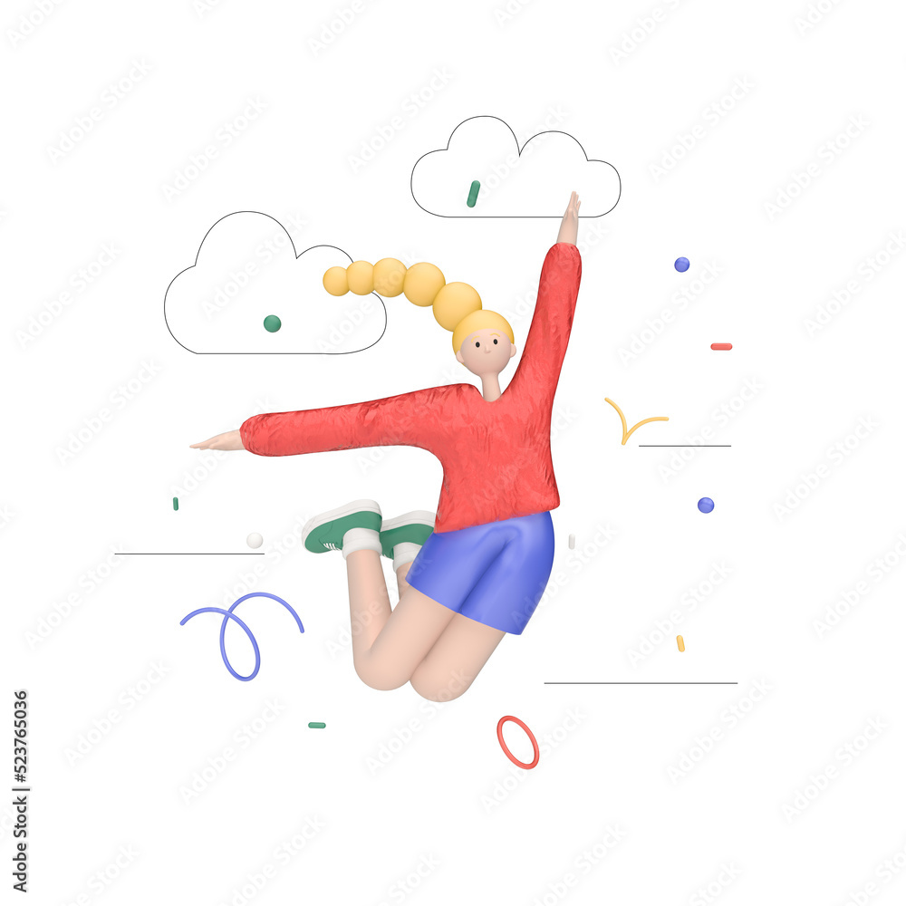 3d render render illustration of happy jumping girl. Isolated on white ...