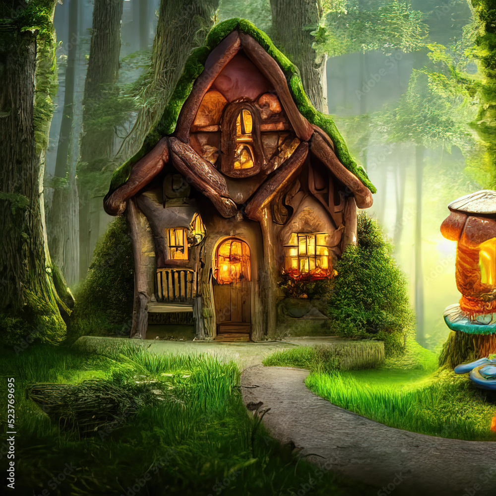 Fairy tale little cottage in magical forest Stock Illustration | Adobe ...