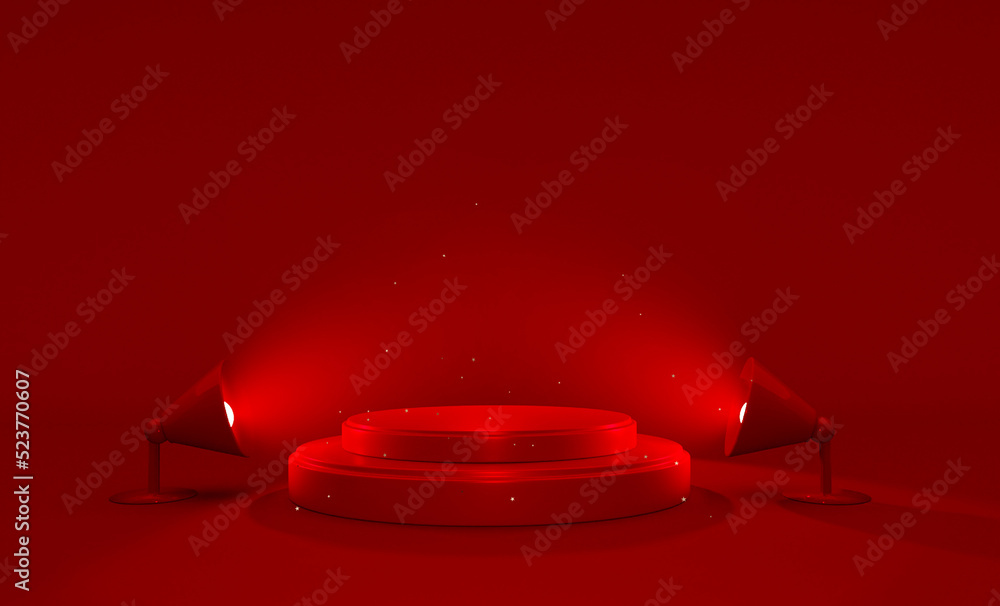 Red Winner stage, podium illuminated by searchlights. Empty pedestal ...