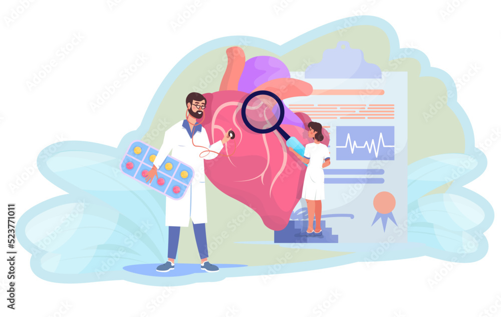 Cardiology concept. Doctor and nurse are examening patient's heart with ...