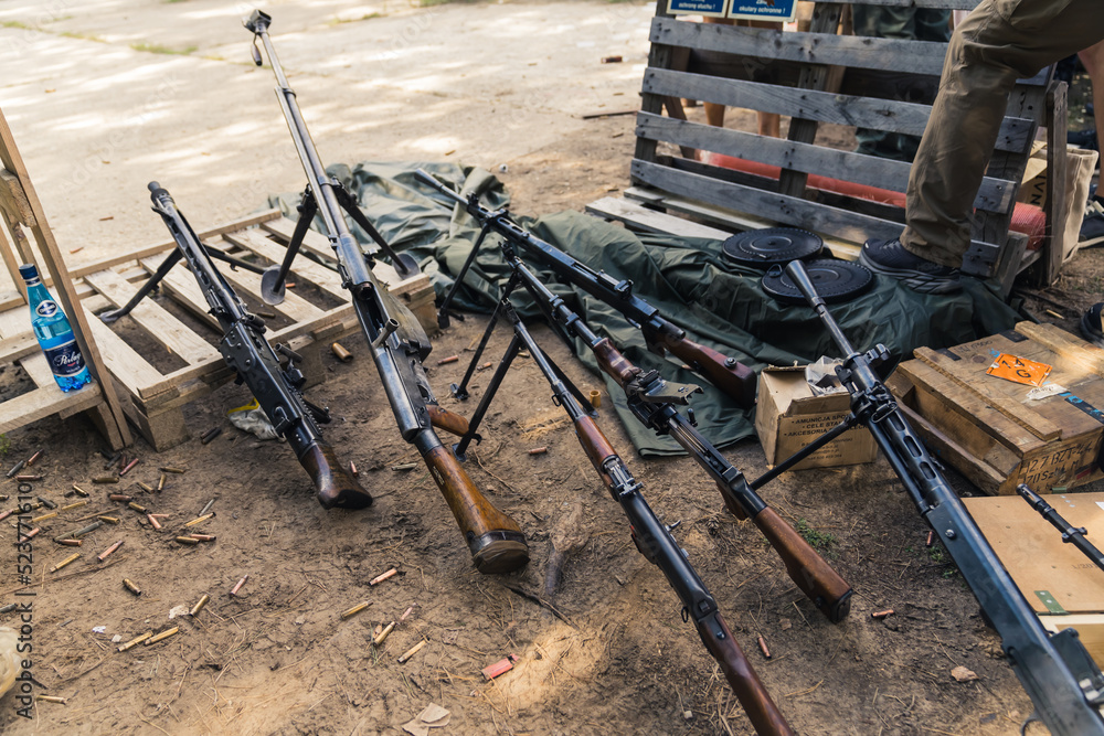 Storage of various guns and rifles on firing range. Military equipment ...