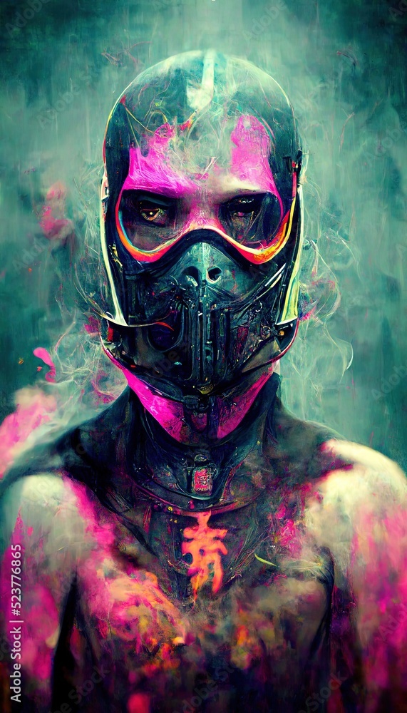 Combat ninjas are depicted in a cyberpunk neon style. The concept of ...