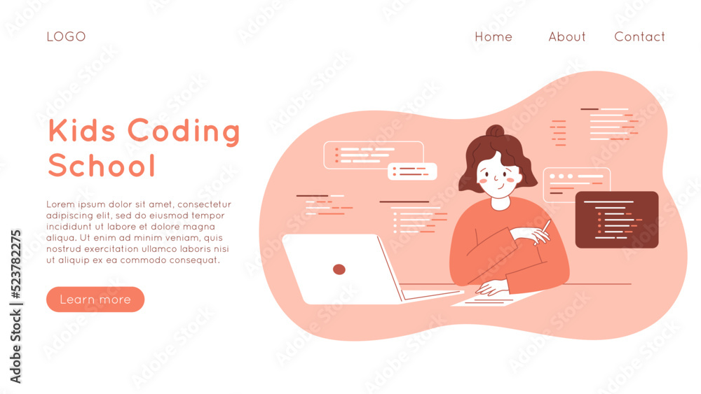 Kids coding school banner with girl sitting with laptop and learning ...