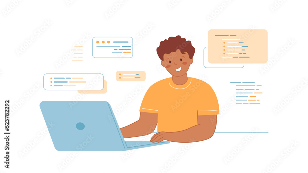 Boy sitting with laptop and learning programming language. Kids coding ...