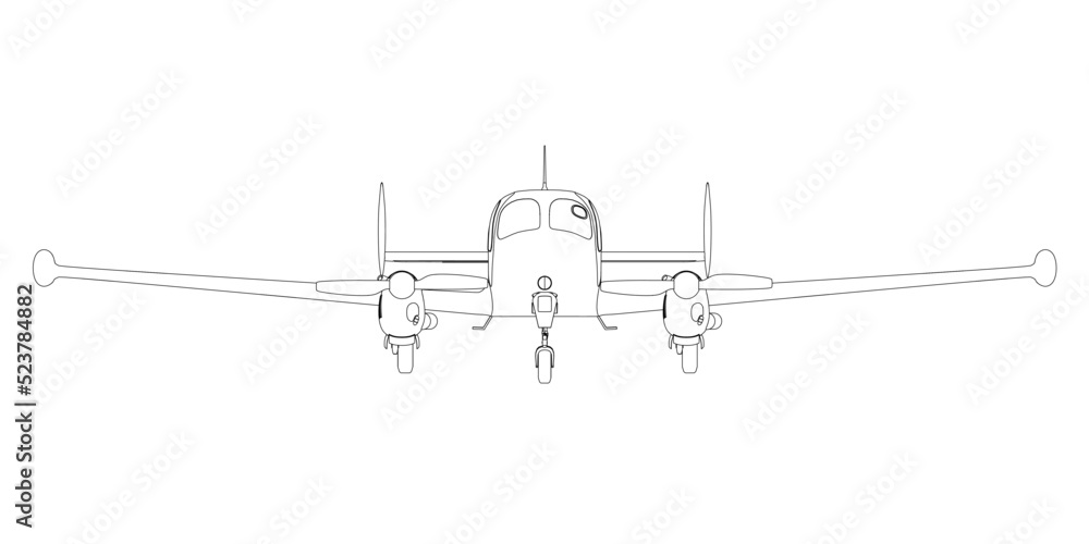 Outline of an airplane with propellers from black lines isolated on a ...