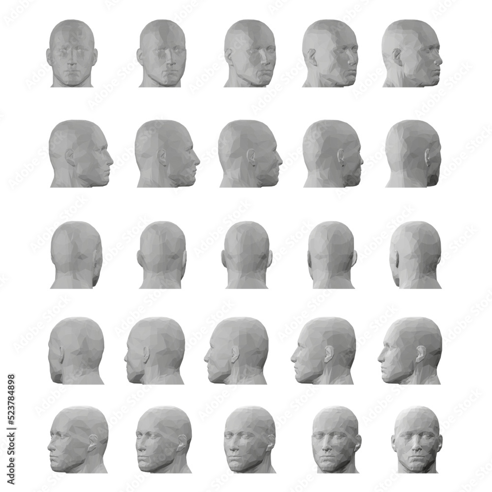 Set with male head model in different positions isolated on white ...