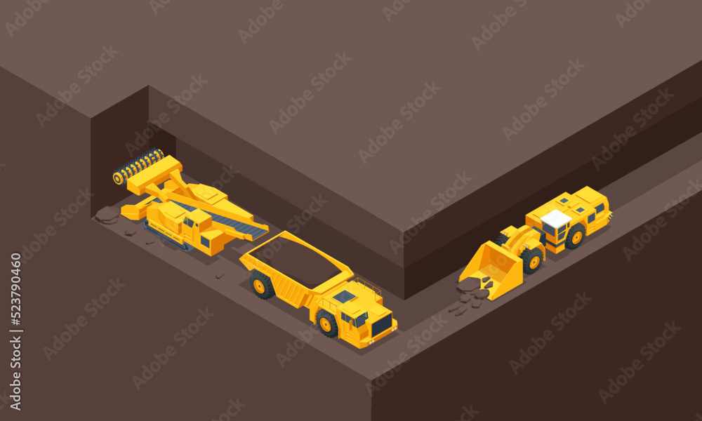 Isometric coal mining machine. Underground truck is a 20 metric tonne ...