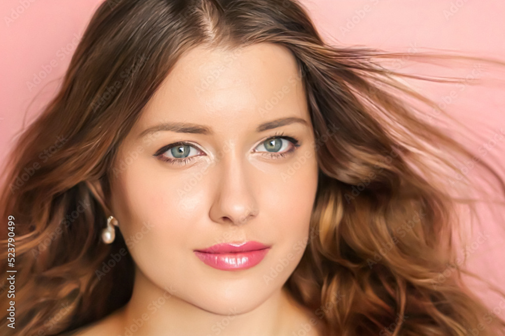 Beauty face portrait, beautiful woman with long wavy hairstyle and chic ...
