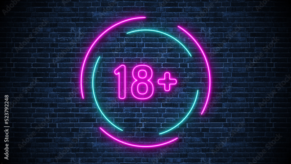 neon lights 18+ sign on brick wall background, under eighteen ...