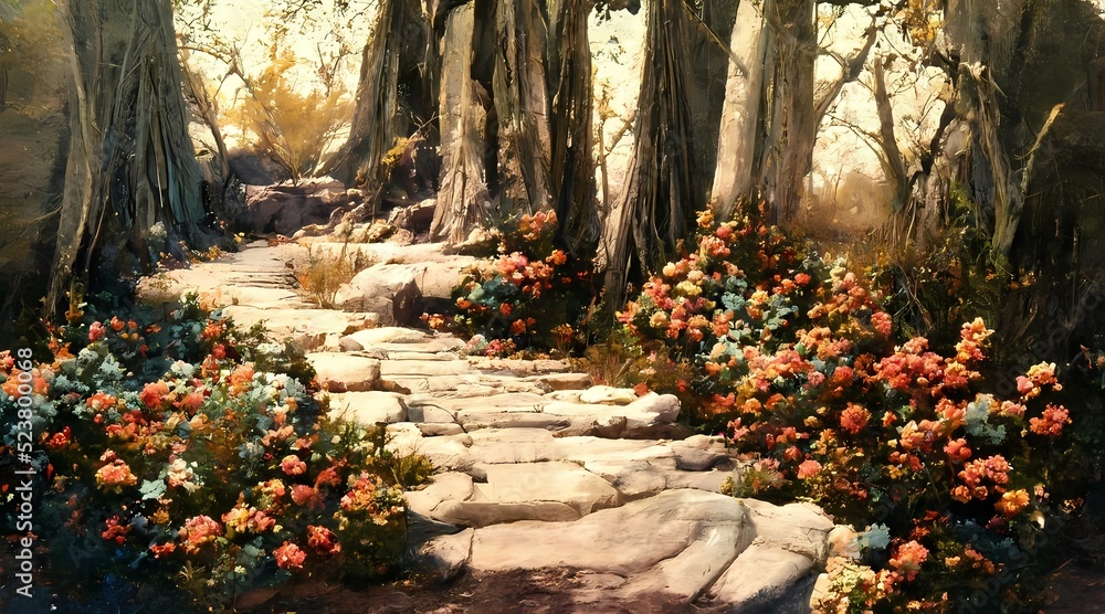 pathway with trees and flowers in autmn forest Stock Illustration ...
