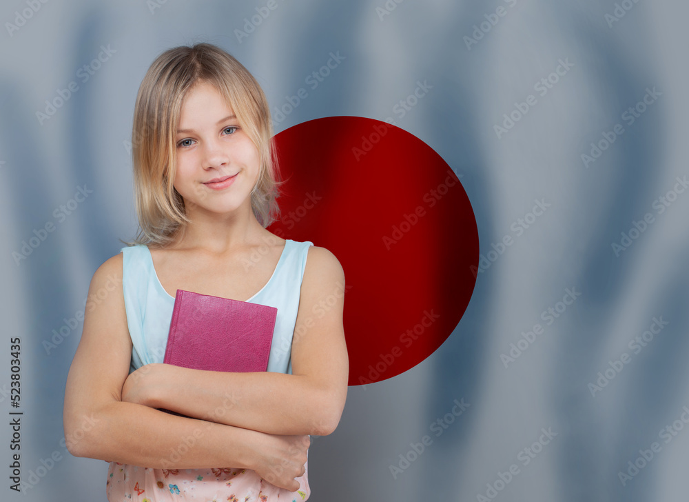 Preteen girl student portrait on Japanese flag background. Education ...