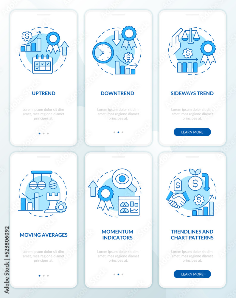 Types of trends blue onboarding mobile app screen set. Trading walkthrough 3 steps editable ...