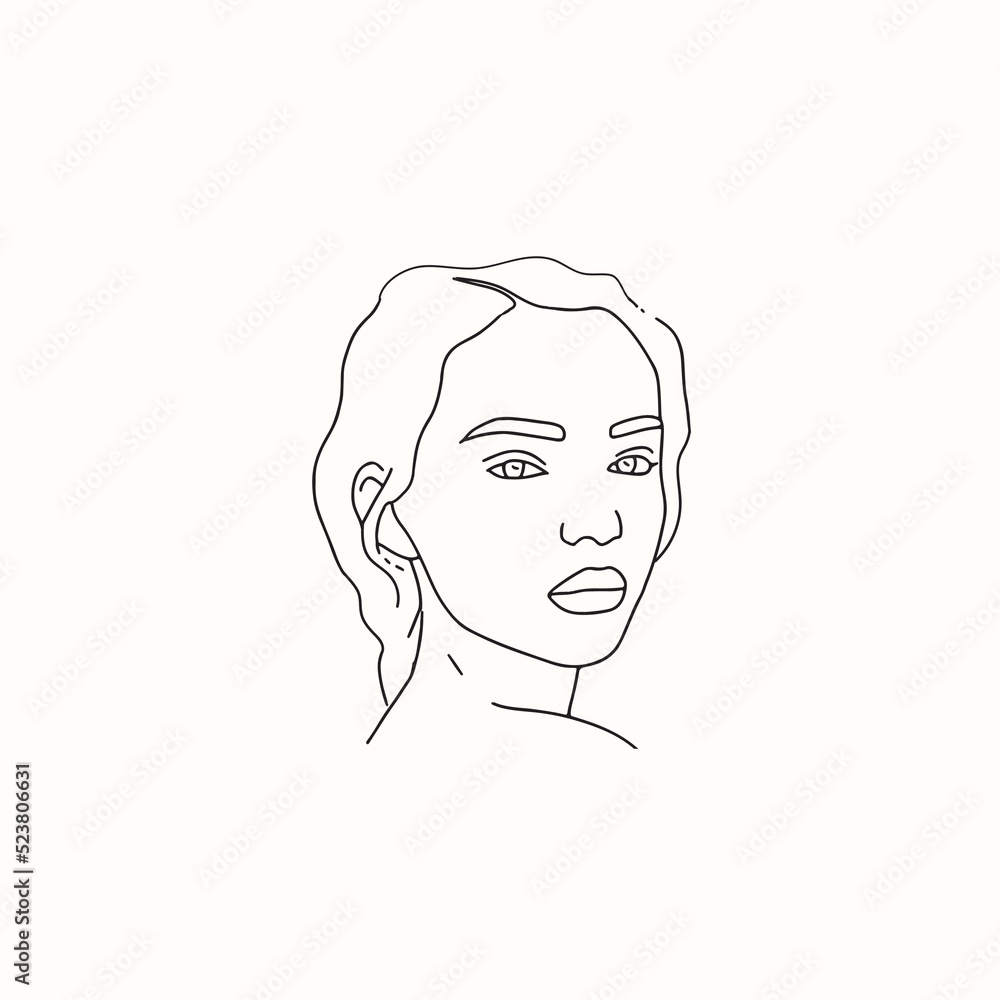 Line Art Woman with Wavy Hair Stock Vector | Adobe Stock