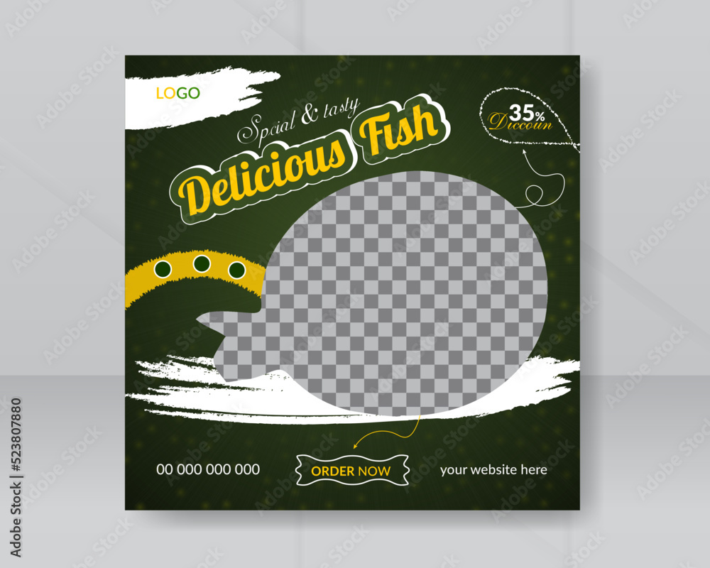 Fish social media post or web banner design, restaurant business ...