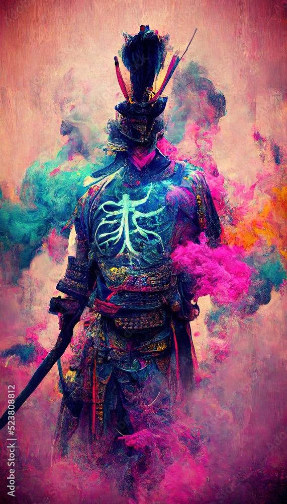 Combat ninjas are depicted in a cyberpunk neon style. The concept of ...