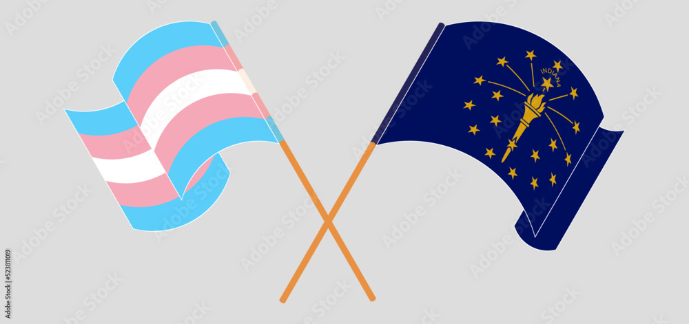 Crossed and waving flags of Transgender Pride and the State of Indiana ...