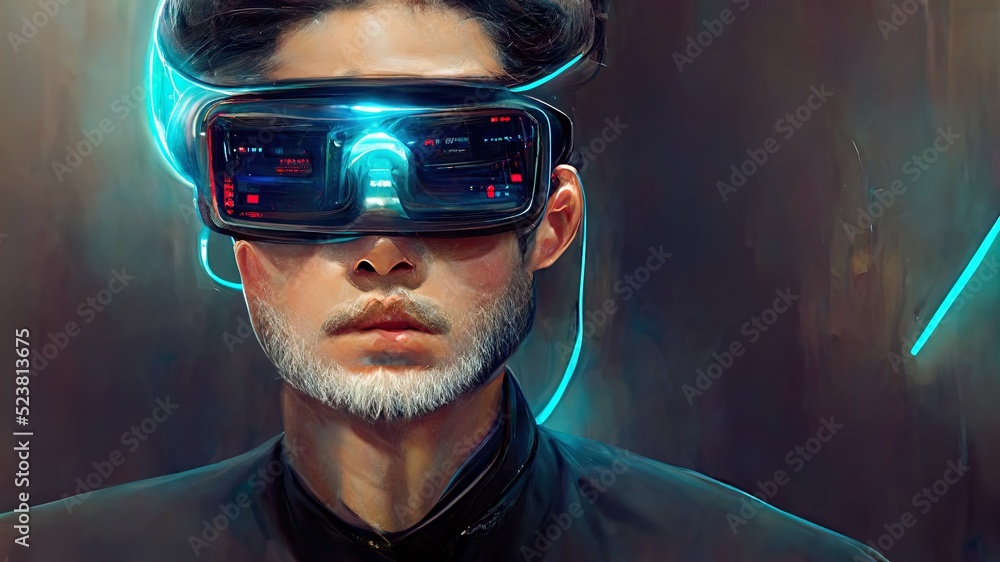 Portrait of a futuristic gamer with vr glasses. A high-tech man from ...