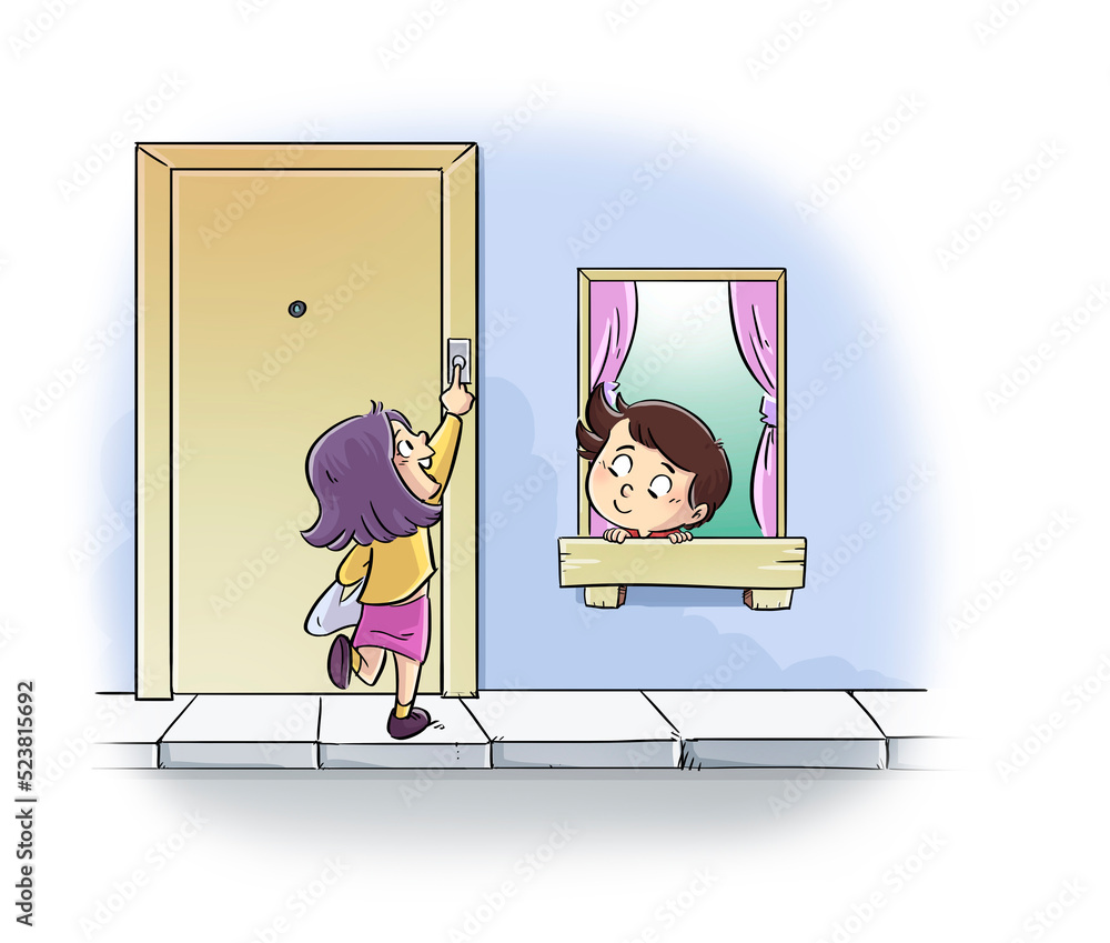 Illustration of a girl ringing a friend's doorbell Stock Illustration ...
