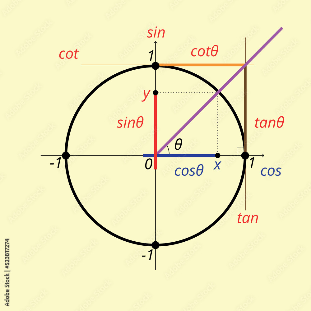 Detailed vector trigonometric circle for studying math, sine, coscene ...
