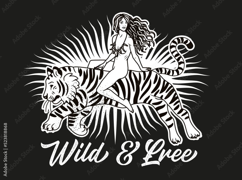 Riding the Tiger. Wild and Free. Beautiful Woman and Tiger. Vector ...