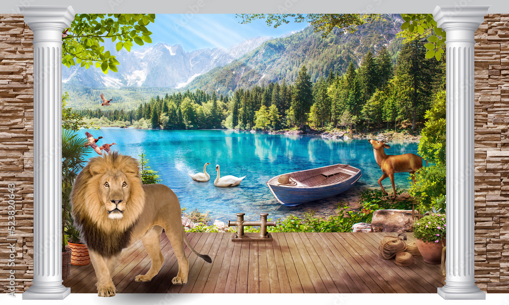 Beautiful landscape by the blue lake. Wallpaper on the wall. Digital ...