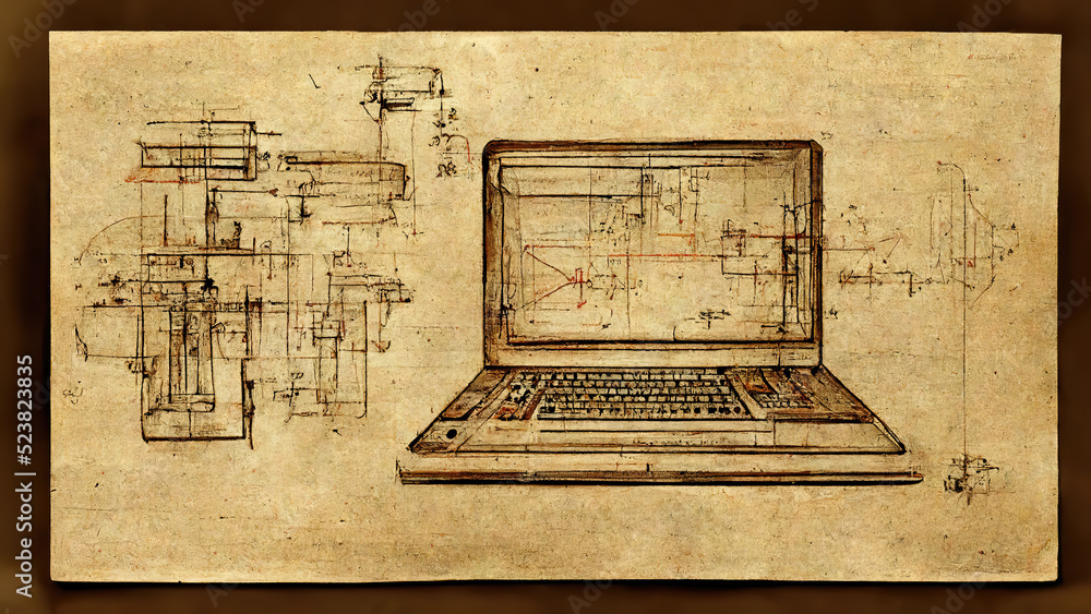 Vintage medival blueprint sketch of laptop computer Stock Illustration ...