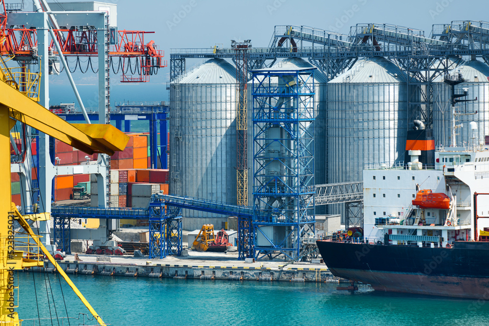 industrial infrastructure of seaport, sea, cranes and dry cargo ship ...