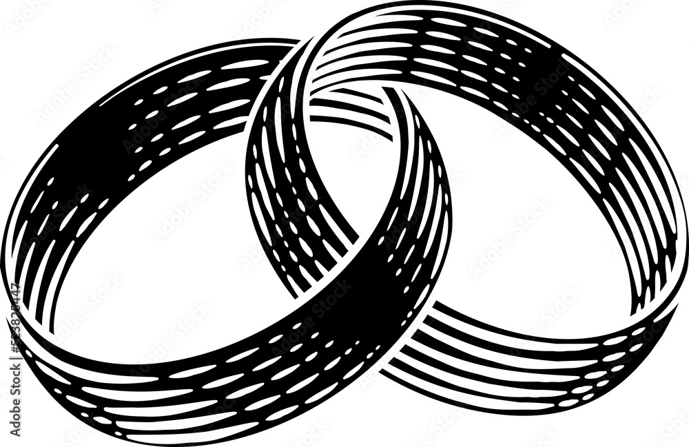 Wedding ring bands intertwined in a vintage retro woodcut etching style ...