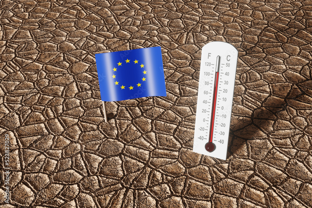 Flag of European Union and a thermometer showing high temperature on ...