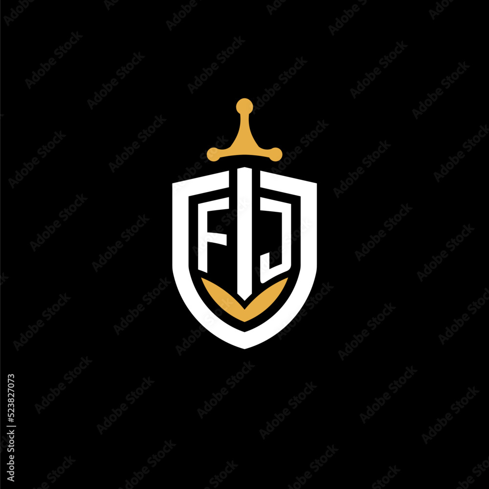 Creative letter FJ logo gaming esport with shield and sword design ...