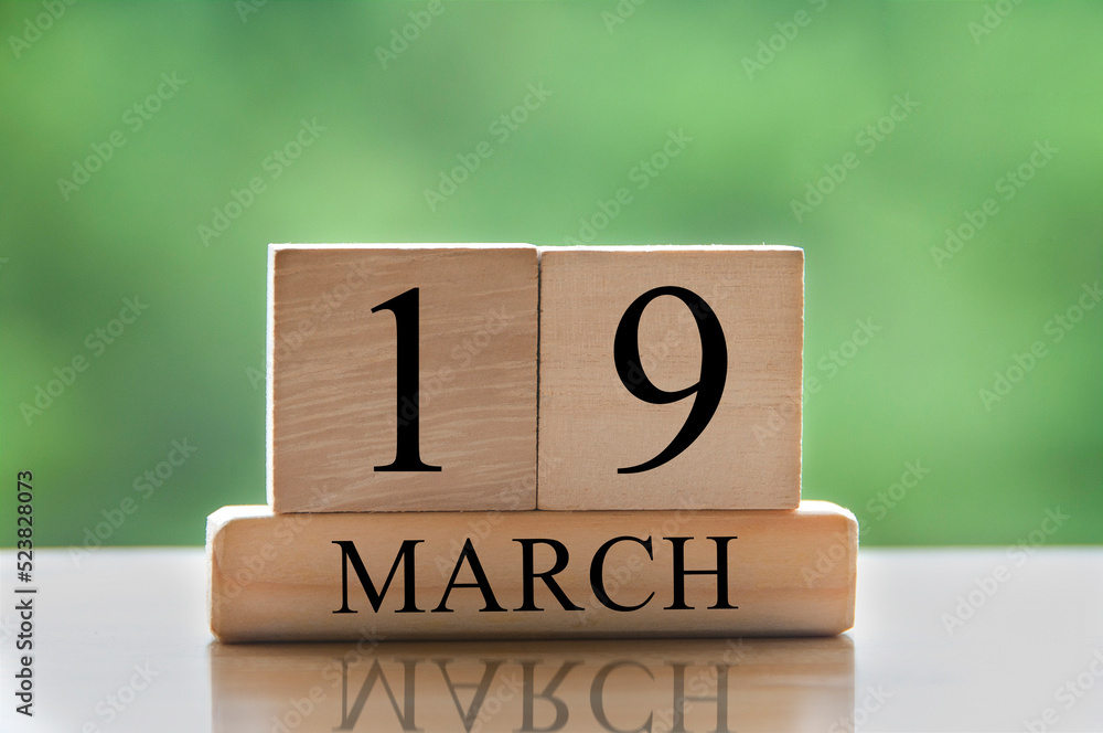 March 19 calendar date text on wooden blocks with blurred park ...