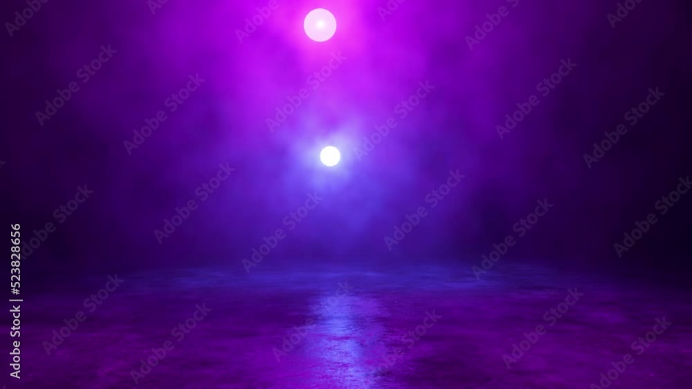 Blue and purple illuminated neon spheres fly in thick smoke, glowing ...